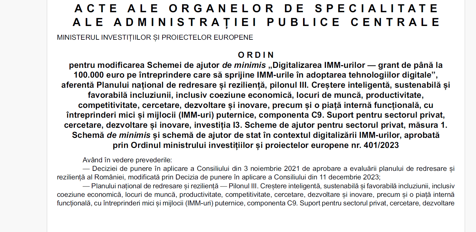 Digitalizarea IMM: Modificări la schema de ajutoare de câte 20.000-100.000 EUR/firmă. Ordinul ...